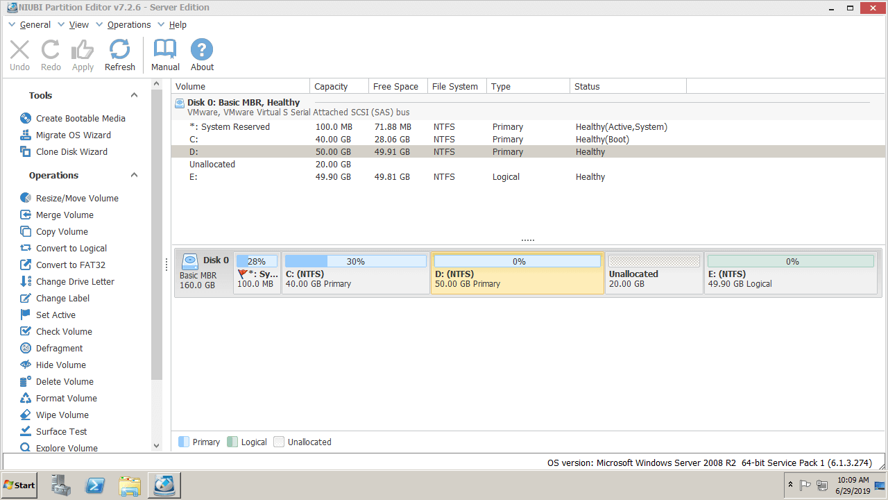 Guía para mover partición/volumen en Windows Server 2008 R2