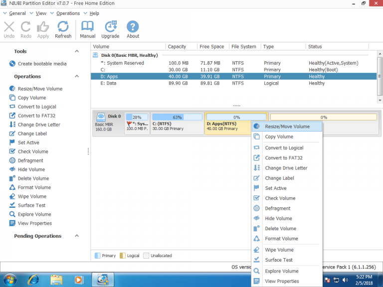 Extend Windows 7 Partition with Free Partition Manager.