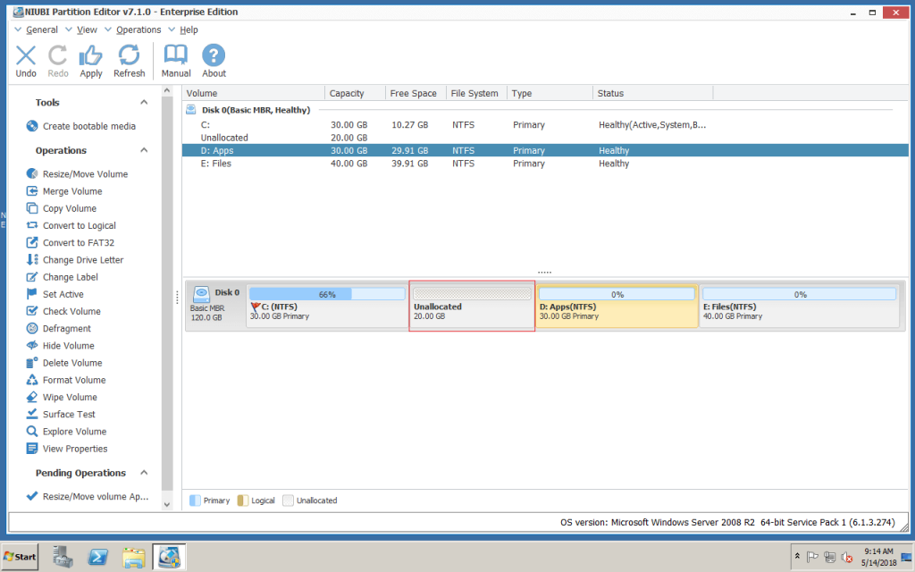 Windows Server 2008 resize disk partition without data loss.