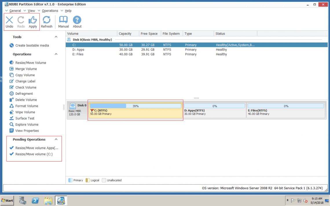 Windows Server 2008 resize disk partition without data loss.