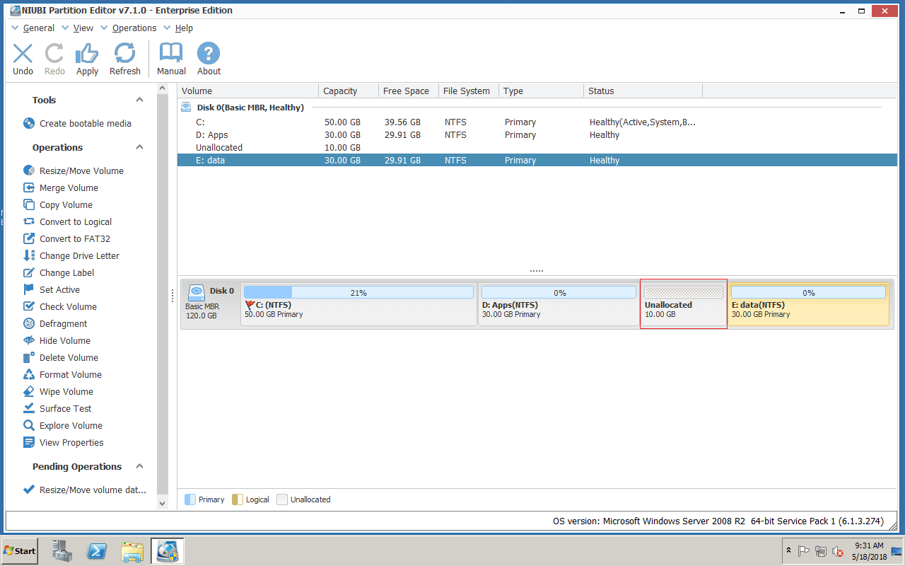 Move partition & move unallocated space in Windows Server 2008