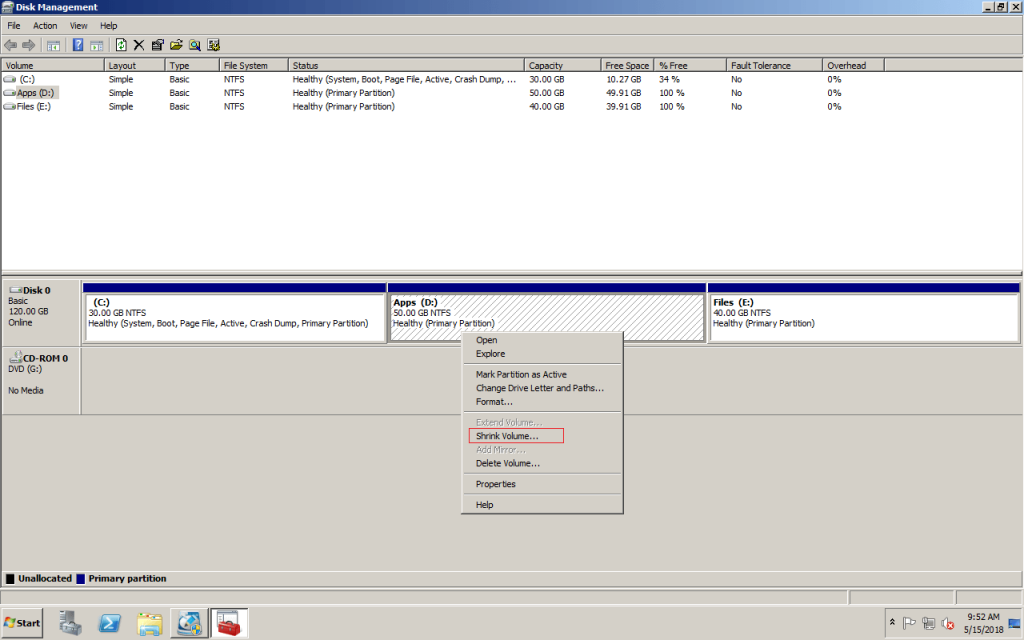 Windows Server 2008 resize disk partition without data loss.
