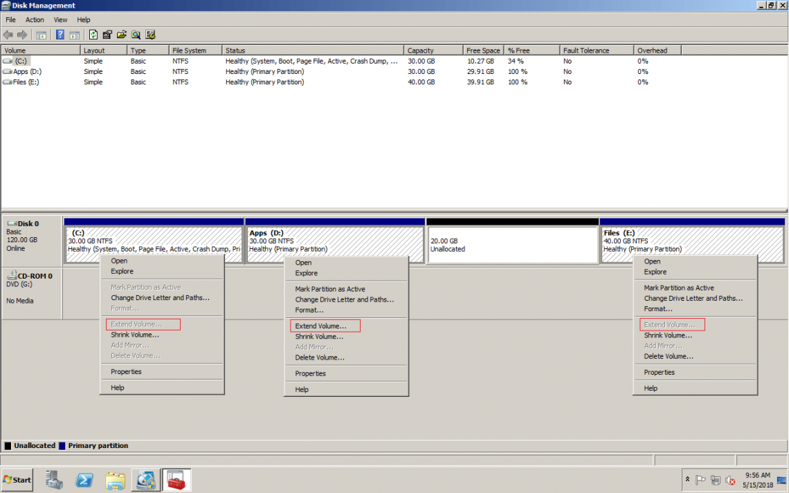 Windows Server 2008 resize disk partition without data loss.