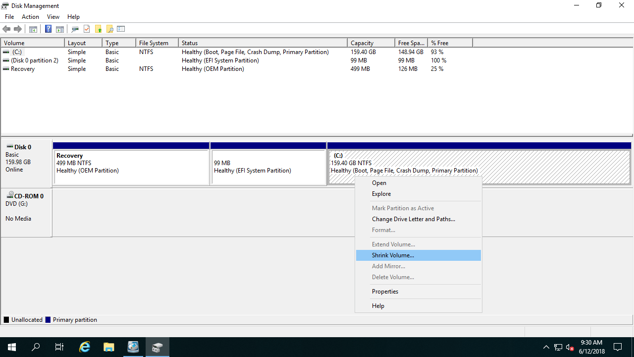 How to shrink system partition C drive in Windows Server 2019