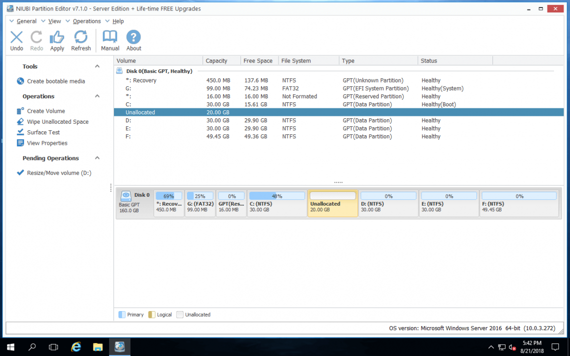 Extend hard drive on Windows Server 2016 without data loss.