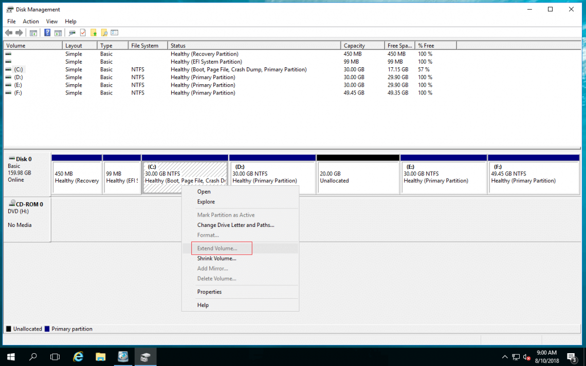 Extend hard drive on Windows Server 2016 without data loss.